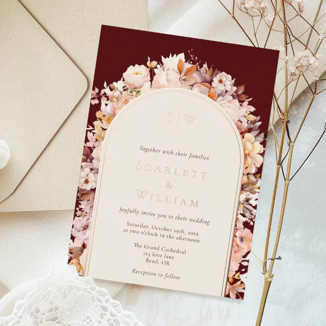 FOIL Autumn Floral Burgundy Arch Monogram Wedding Foil Invitation | Zazzle
