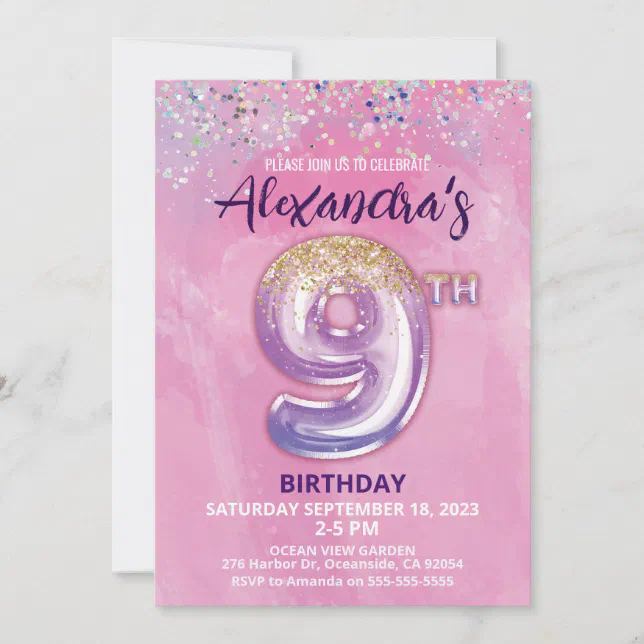 Foil Balloon 9th Birthday Invitation | Zazzle