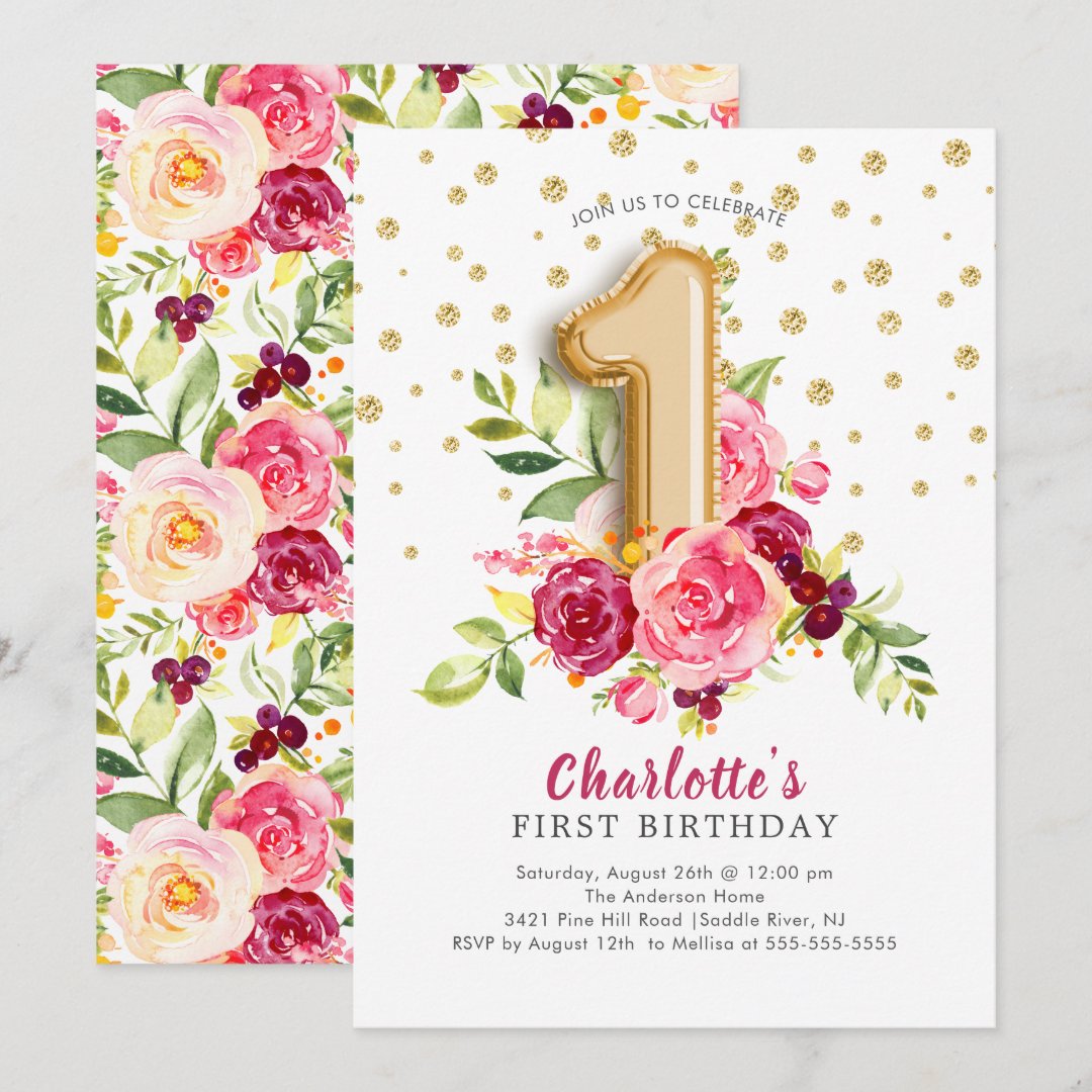 Foil Balloon Floral 1st Birthday Invitation | Zazzle