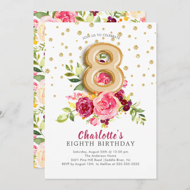 Foil Balloon Floral 8TH Birthday Invitation | Zazzle
