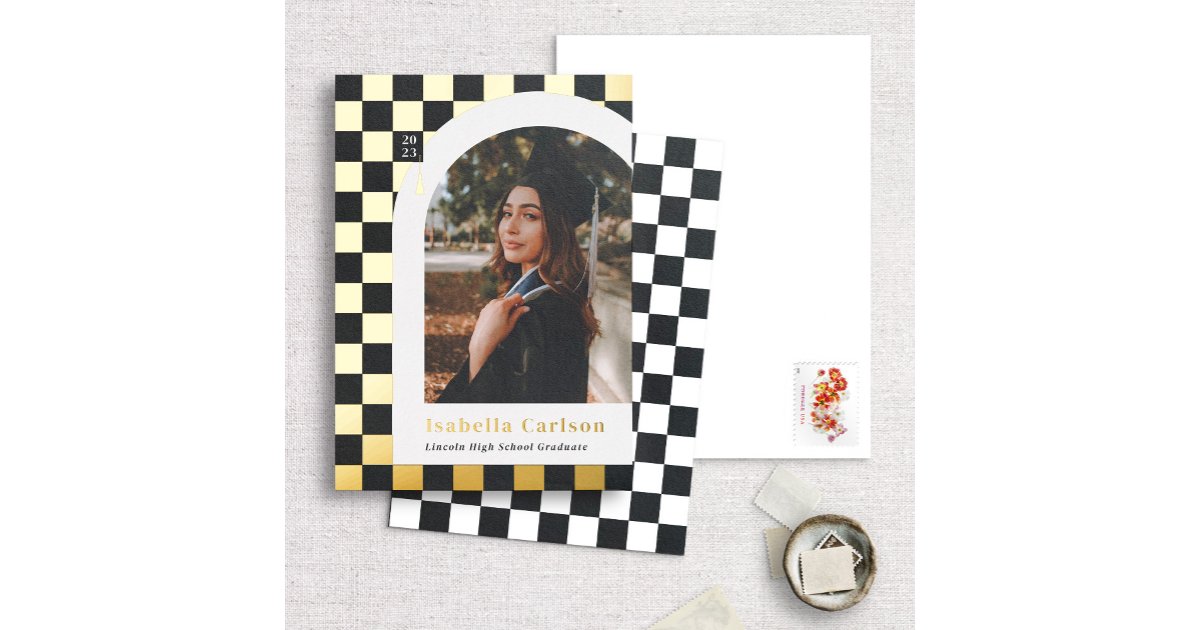 Foil Checkered Arch Photo Graduation Announcement | Zazzle