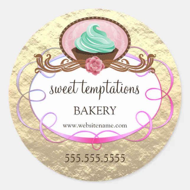 Foil Look Elegant Cupcake Bakery Packaging Classic Round Sticker | Zazzle