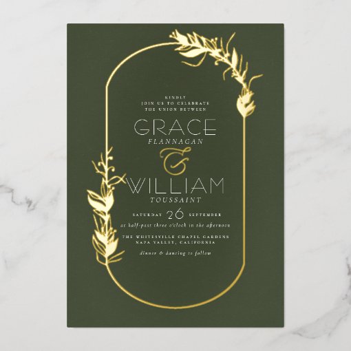 Foil Pressed | Sage Green Botanical Frame Wedding Foil Invitation | Zazzle