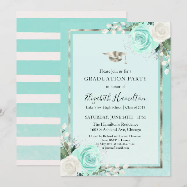 Foil Silver & Teal Modern Floral Graduation Party Invitation | Zazzle