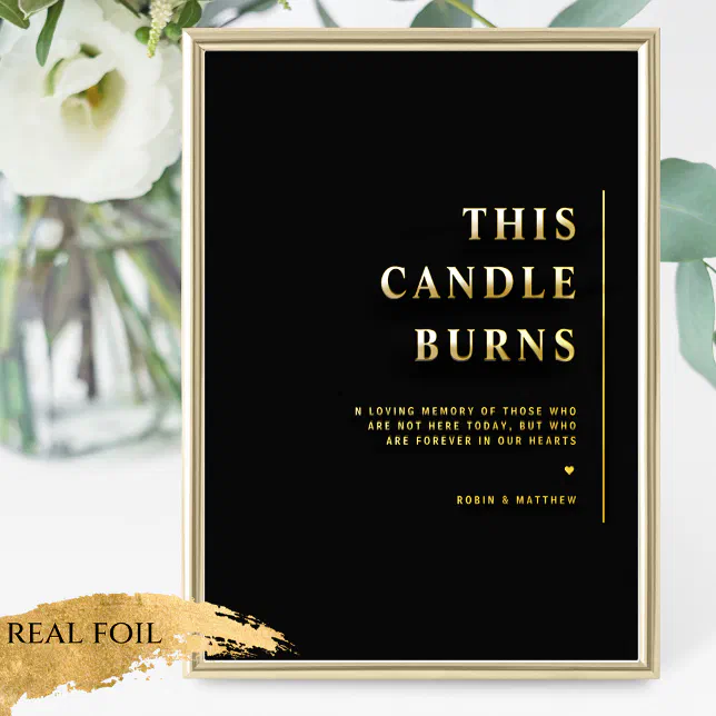 Foil, This Candle Burns Minimal Black Wedding Sign | Zazzle