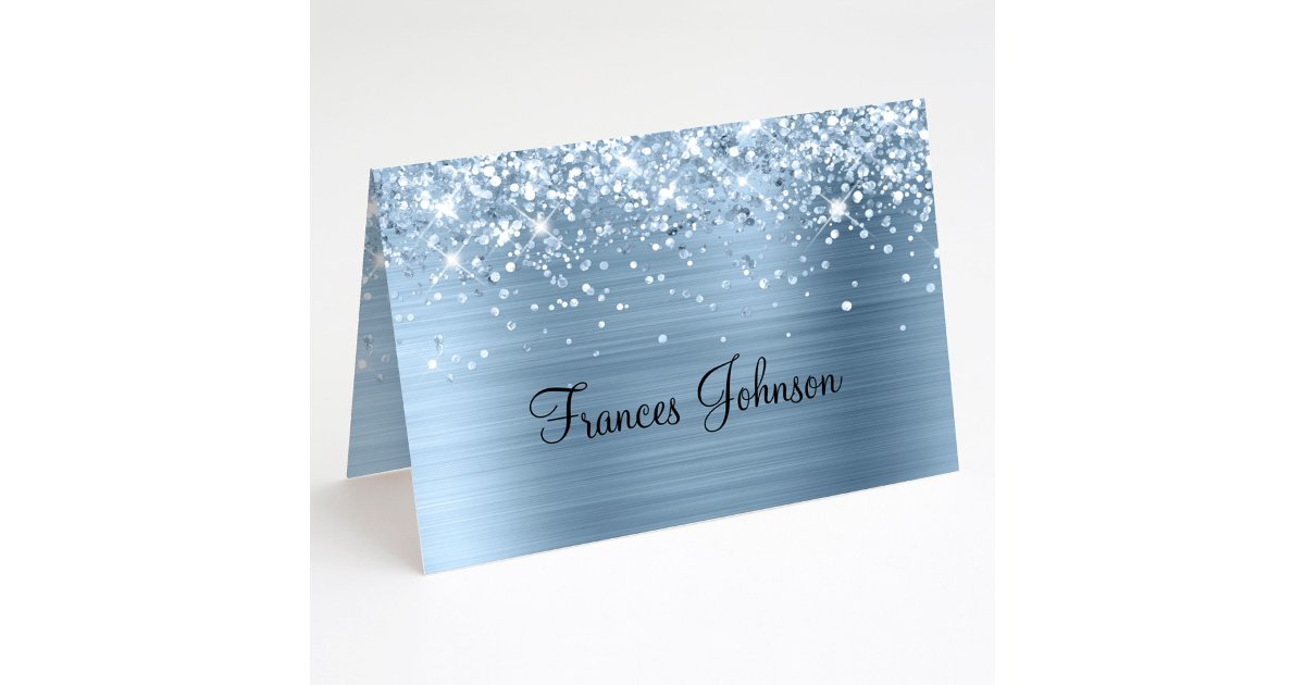 Fold Your Own Glittery Blue Name Place Cards | Zazzle