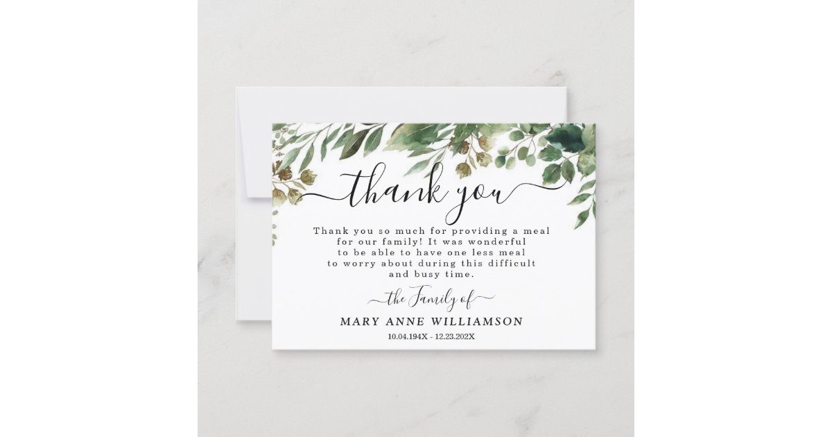Foliage Elegant Funeral Food Thank You Card | Zazzle