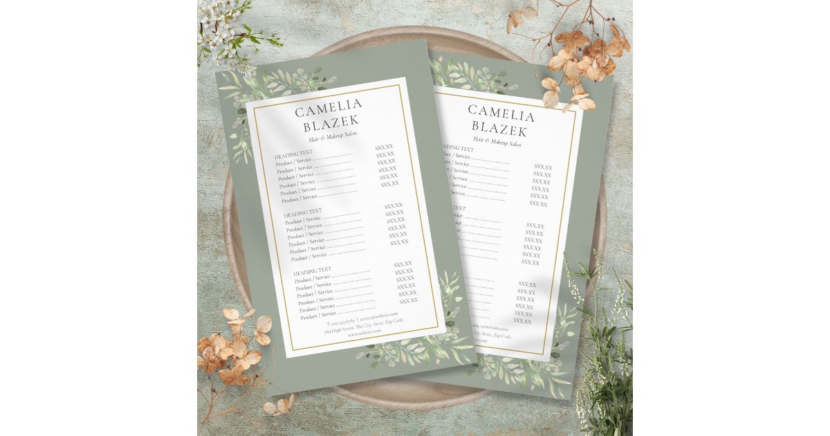 Foliage Sage Green 2 Sided Service Menu Price List Flyer | Zazzle