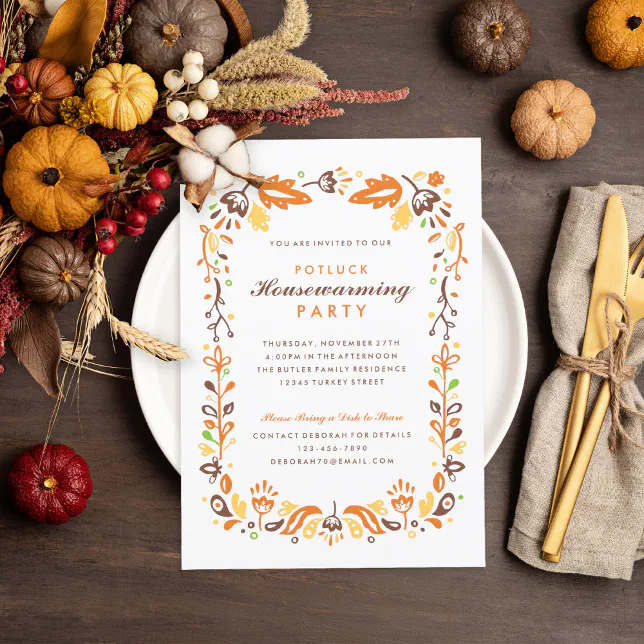 Folk Art Autumn Foliage Housewarming Party Invitation | Zazzle