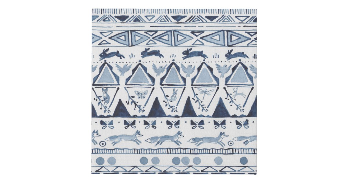 Folk Art Blue Woodland Animal Fox Rabbit Pattern Faux Canvas Print | Zazzle