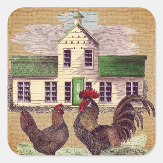 Folk Art Farmyard Chickens Rustic Design Square Sticker | Zazzle