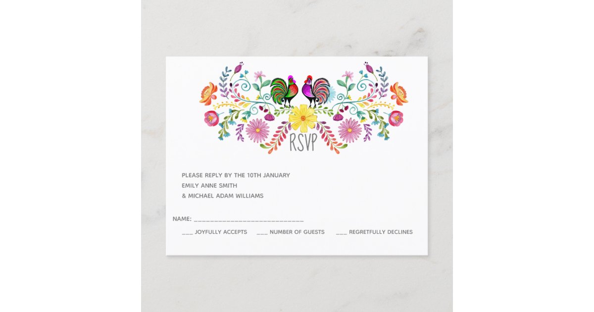 Folk Art Flowers Rooster RSVP Invitation Postcard | Zazzle