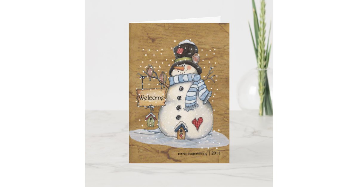 Folk Art Snowman Christmas Greeting Card | Zazzle