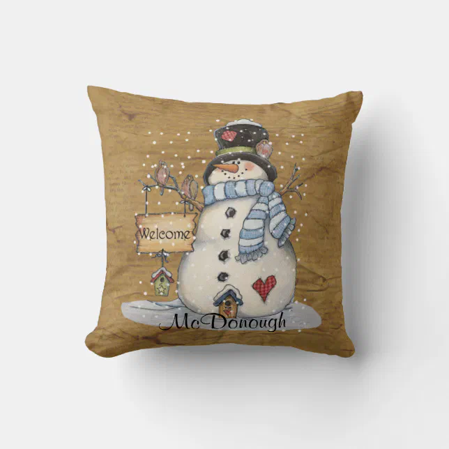 Folk Art Snowman on Old Newspaper Throw Pillow | Zazzle