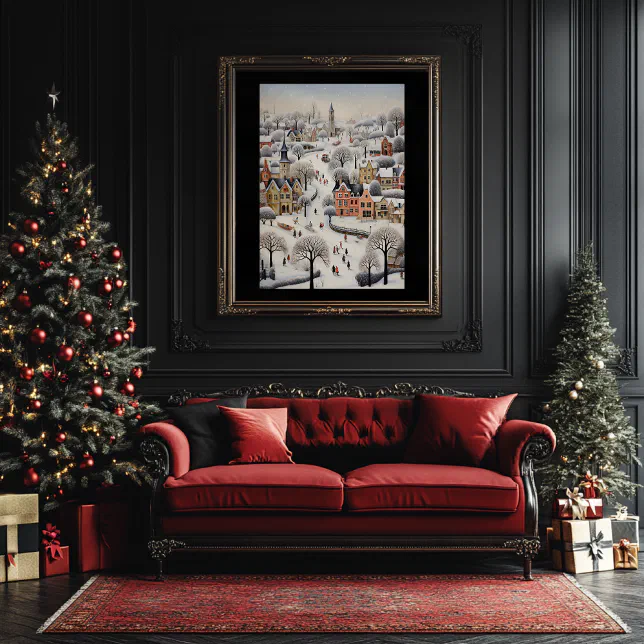 Folk Art Style Winter Scene Poster | Zazzle