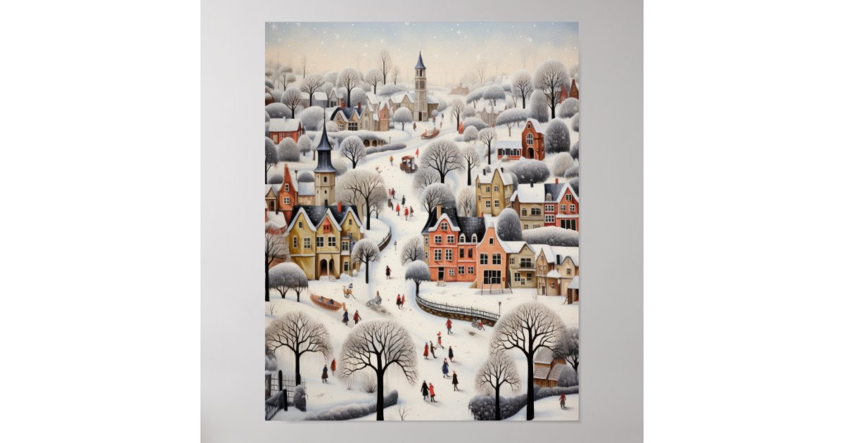 Folk Art Style Winter Scene Poster | Zazzle