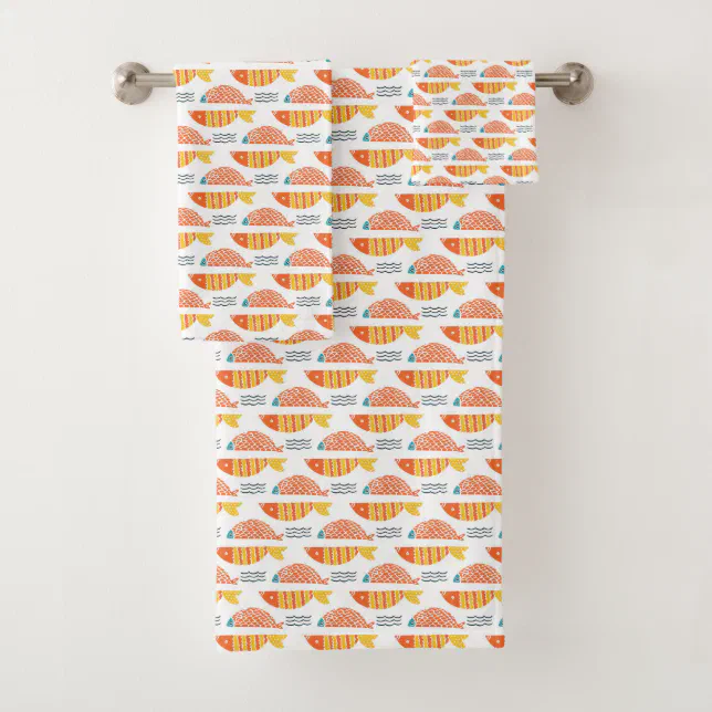 Folk Art Swimming Fish Pattern Bath Towel Set | Zazzle