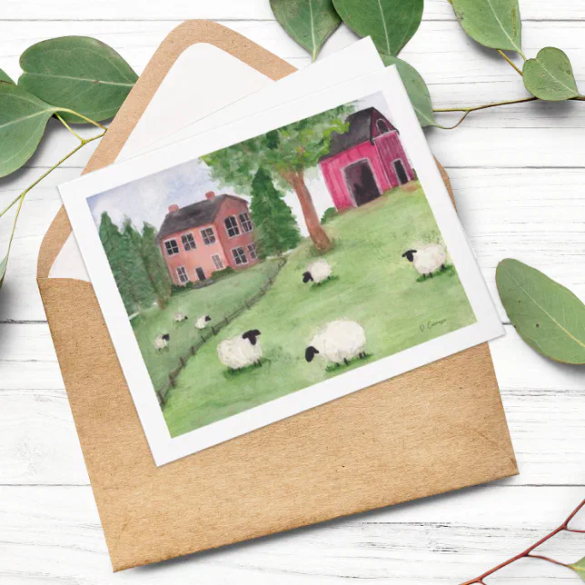 Folk Art Watercolor Sheep Note Card | Zazzle