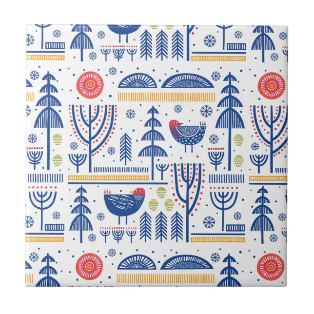 Folk Art Winter Bird Pattern Ceramic Tile | Zazzle