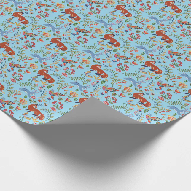 Folk Art Woodland Animals, Flowers Aqua Fox Rabbit Wrapping Paper | Zazzle