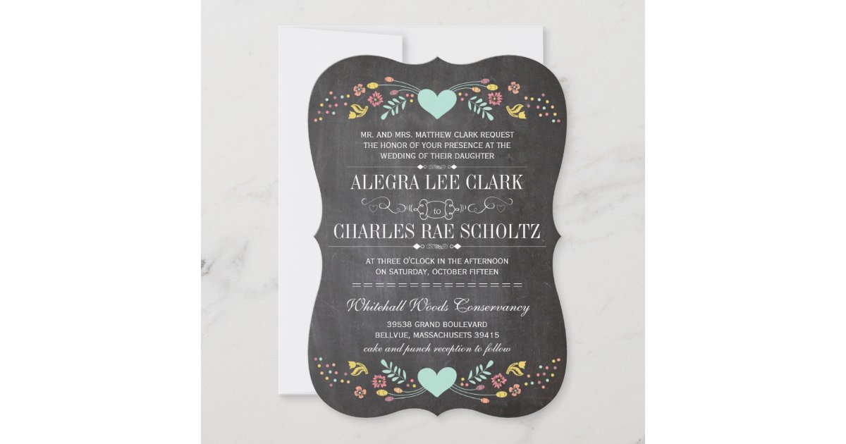 Folksy Rustic Floral Garland Chalkboard Wedding Invitation | Zazzle