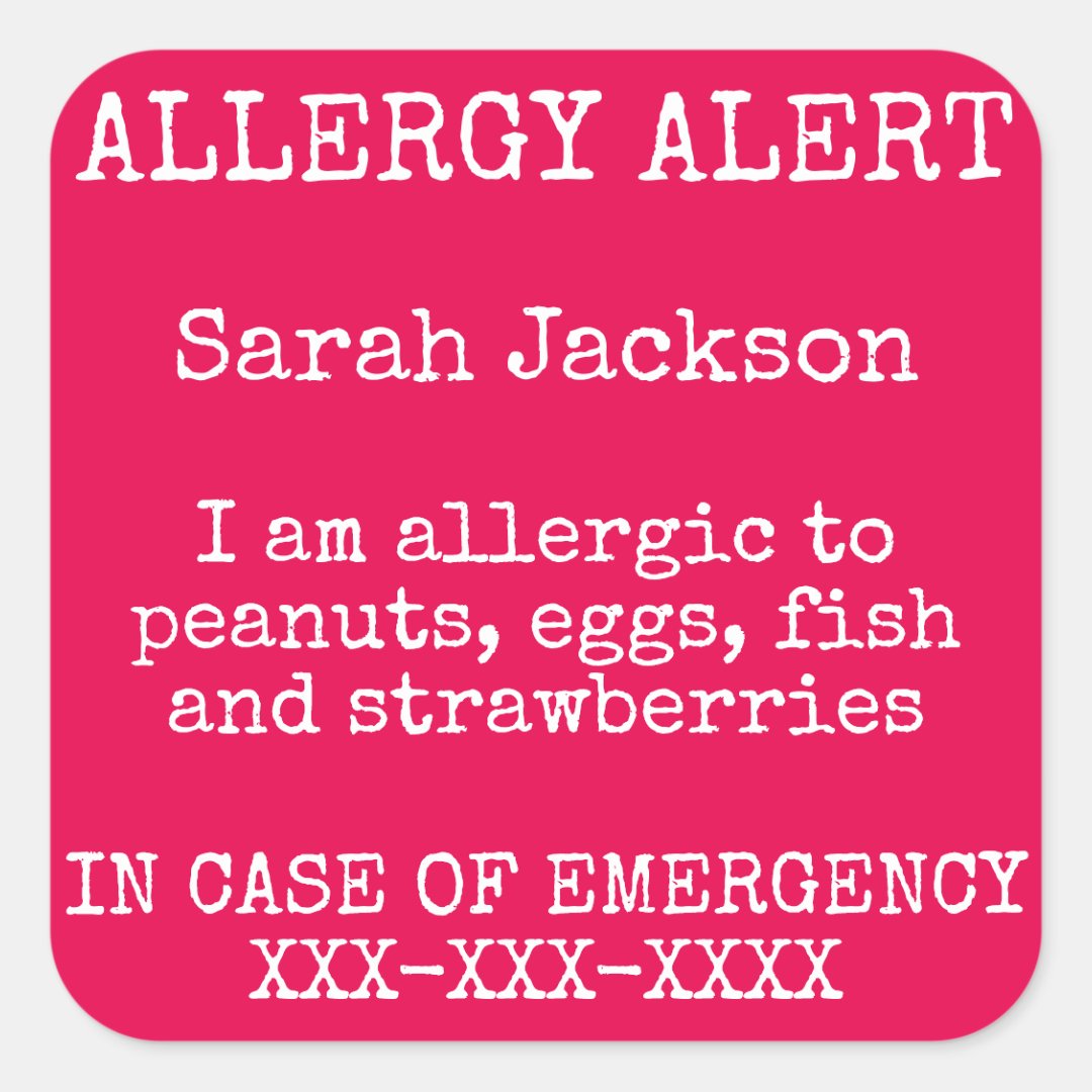 Food Allergy Alert In Case of Emergency Contact Square Sticker | Zazzle