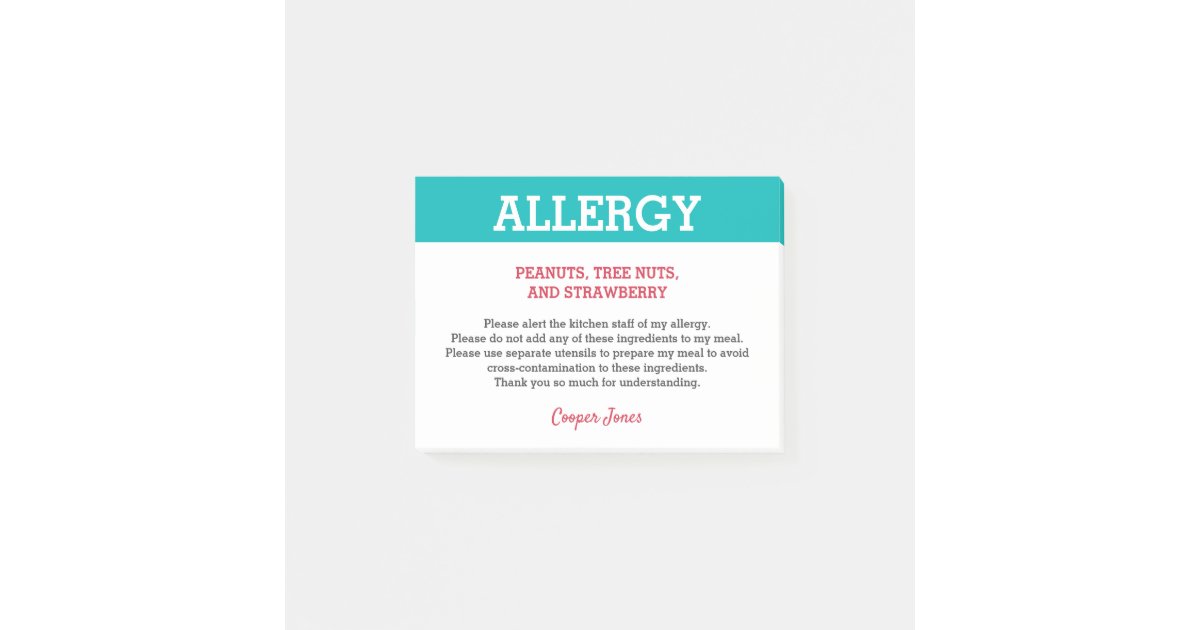 Food Allergy Alert Restaurant Personalized Teal Post-it Notes | Zazzle