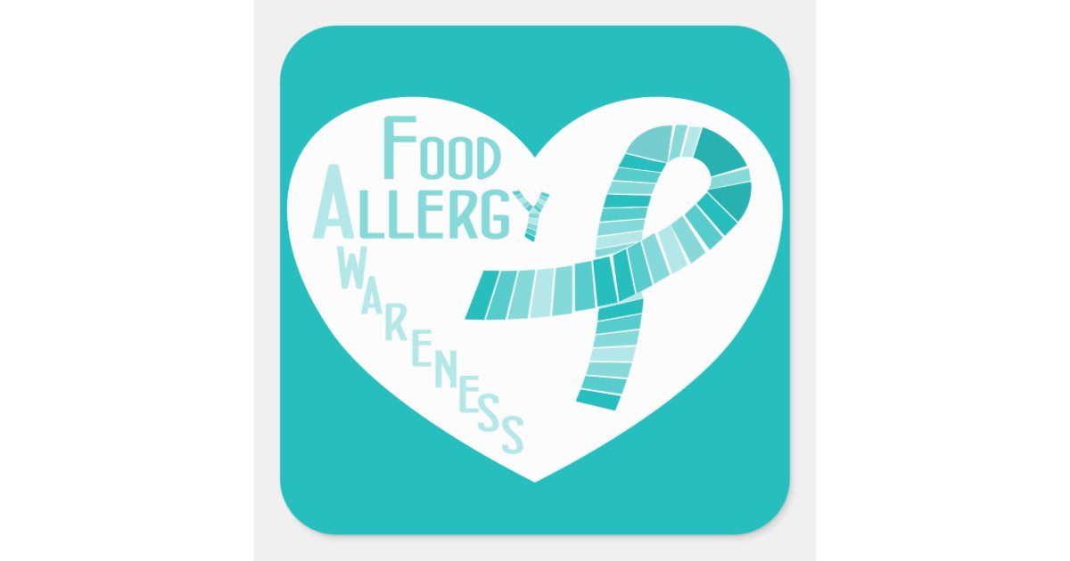 Food Allergy Awareness Teal Ribbon Heart Square Sticker | Zazzle