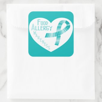 Food Allergy Awareness Teal Ribbon Heart Square Sticker | Zazzle