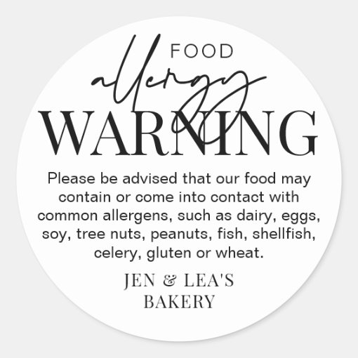 Food Allergy Minimalist Bakery Safety Warning Classic Round Sticker ...