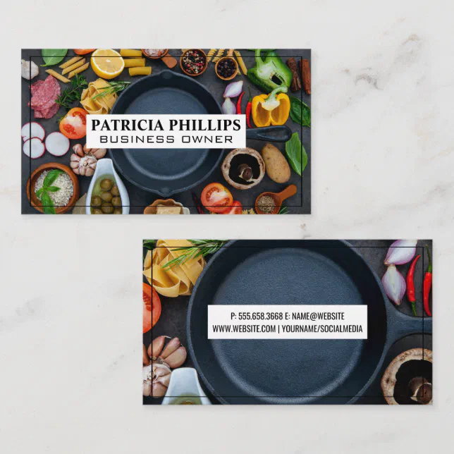 Food and Skillet on Table | Chef Restaurant Business Card | Zazzle