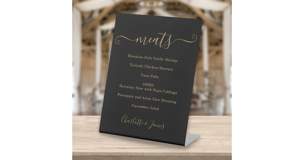 Food Menu Black And Gold Signature Script Pedestal Sign | Zazzle