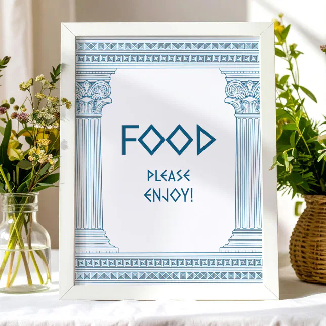 'Food please enjoy' party sign with blue columns | Zazzle