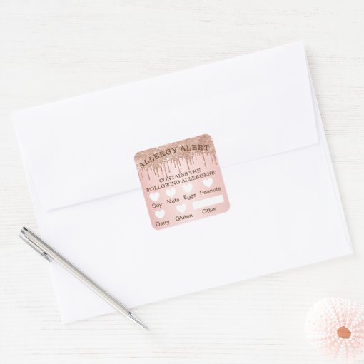 Food Safety Allergy Alert Rose Gold Glitter Drips Square Sticker | Zazzle