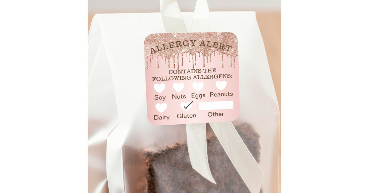Food Safety Allergy Alert Rose Gold Glitter Drips Square Sticker | Zazzle