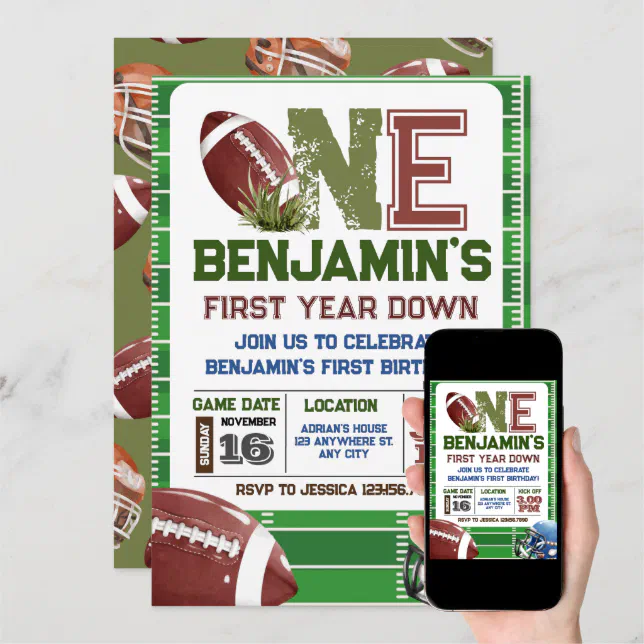 Football 1st Year Down Birthday Invitation | Zazzle