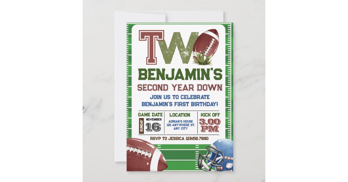 Football 2nd Year Down Birthday Invitation | Zazzle
