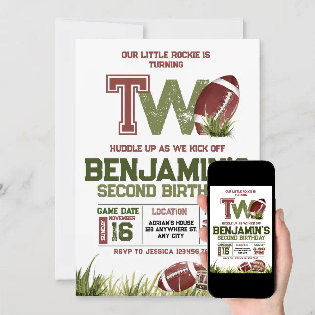 Football 2nd Year Down Football BIrthday Party Invitation | Zazzle