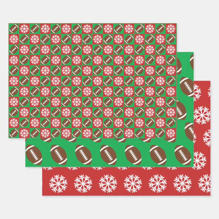 Football and Snowflake Red and Green Christmas Wrapping Paper Sheets ...
