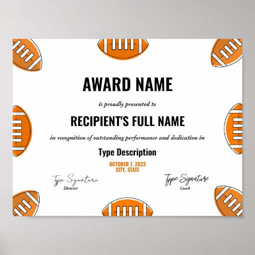 Football Award certificate, MVP Poster | Zazzle