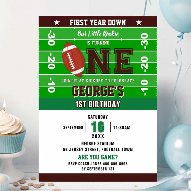 Football First Year Down 1st Birthday Game On Invitation | Zazzle