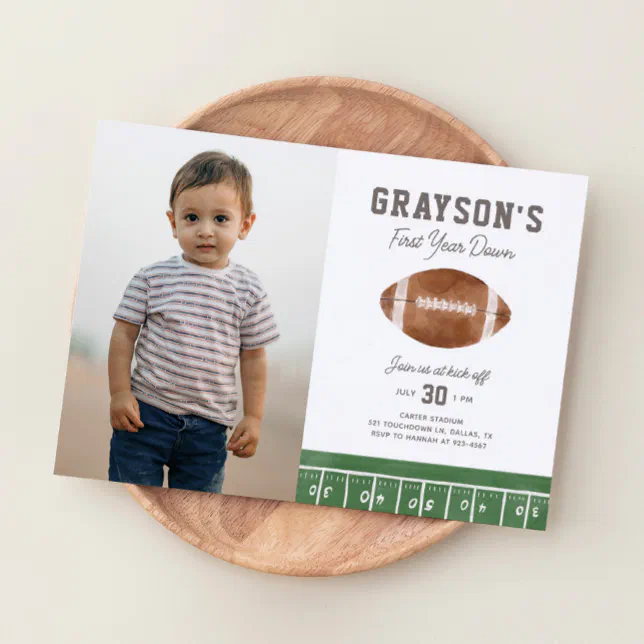 Football First Year Down 1st Birthday Photo Invitation | Zazzle