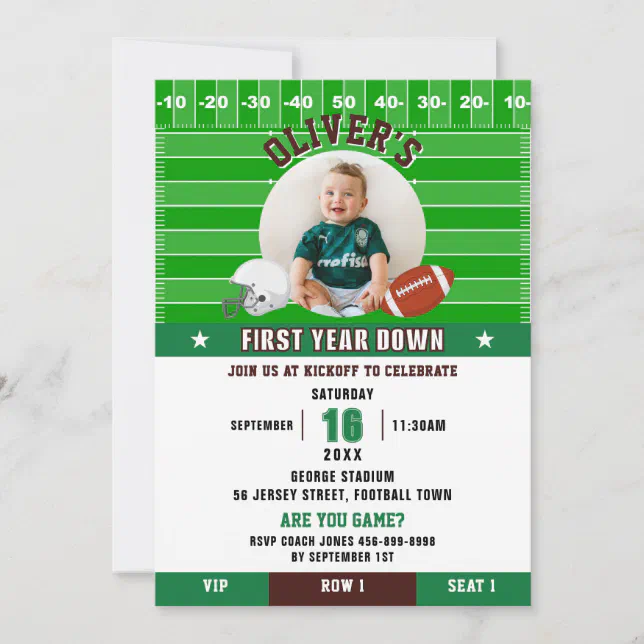 Football First Year Down 1st First Birthday Photo Invitation | Zazzle