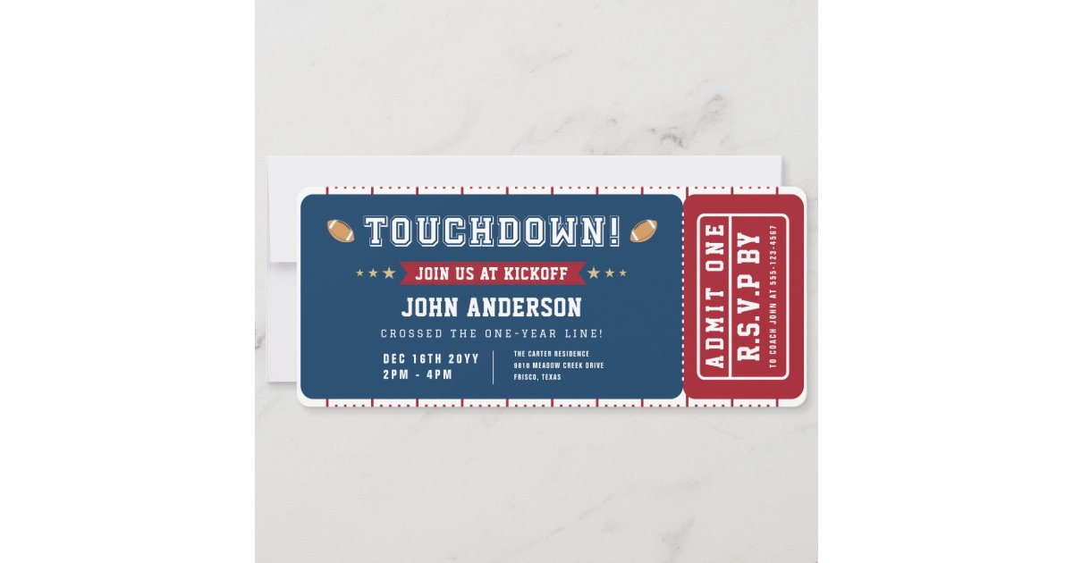 Football First Year Touchdown Birthday Ticket Invitation | Zazzle