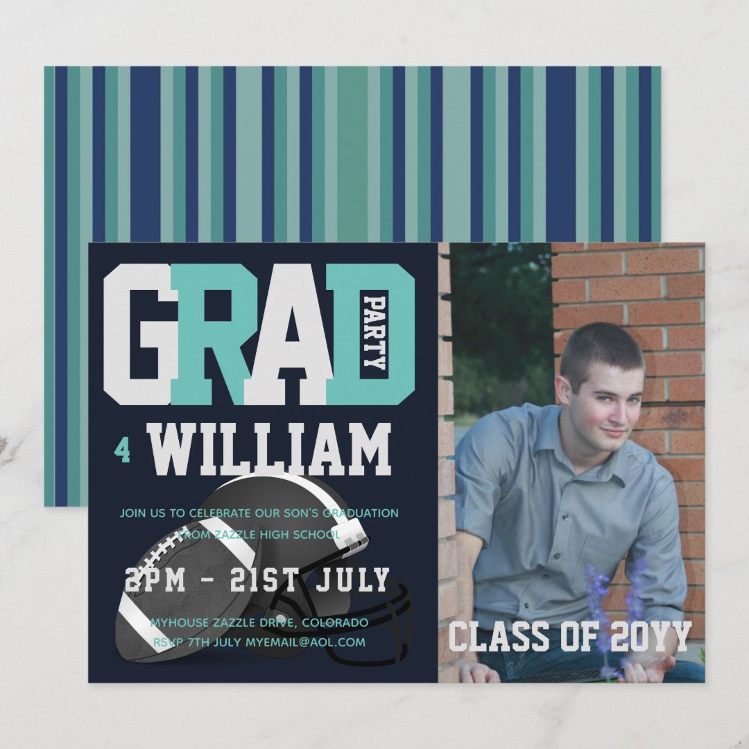 Football GRADUATION PHOTO invitation Blue | Zazzle