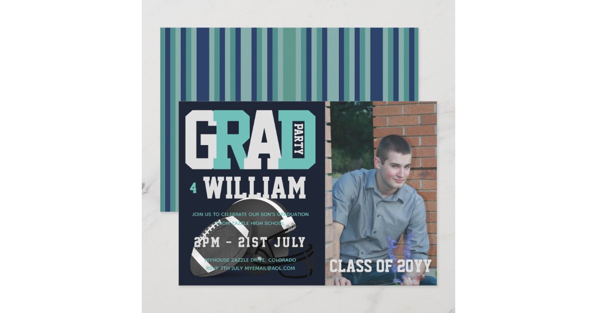 Football GRADUATION PHOTO invitation Blue | Zazzle