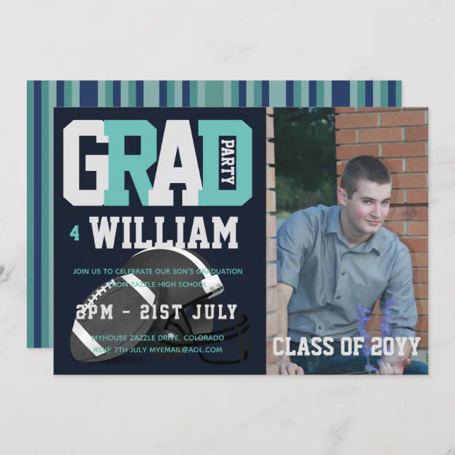 Football GRADUATION PHOTO invitation Blue | Zazzle
