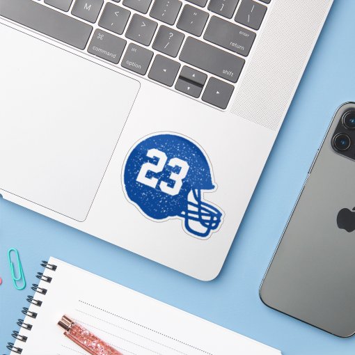 Football helmet personalized number blue white sticker | Zazzle