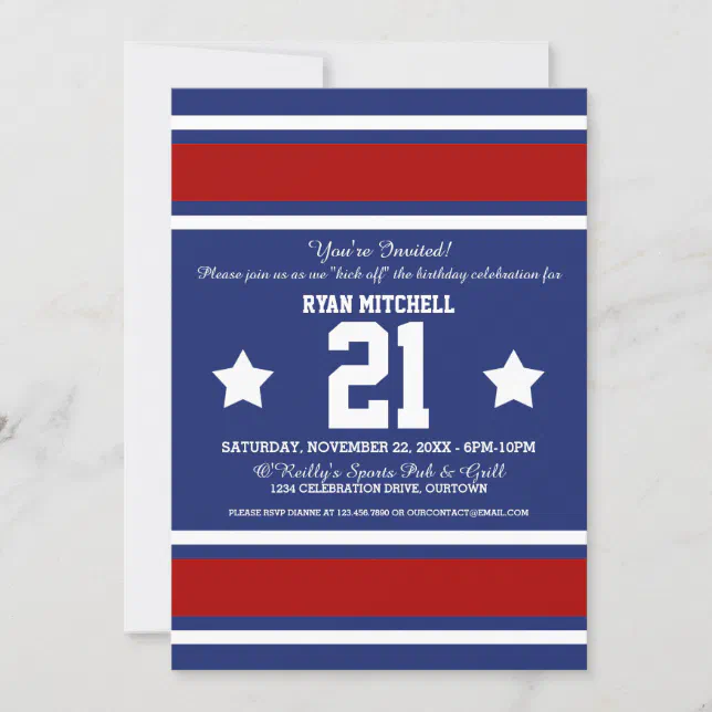 Football Jersey Blue|Red Party Invitations | Zazzle