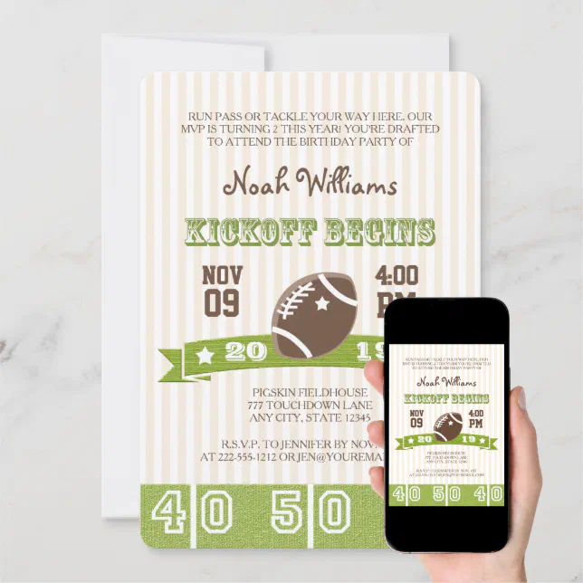 FOOTBALL KICKOFF ANY AGE BIRTHDAY INVITATION | Zazzle